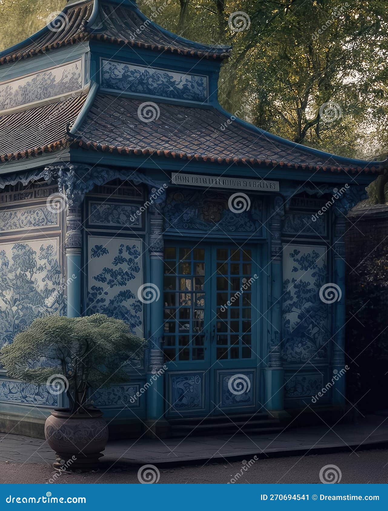 A Blue Pagoda in a Forest with a Tree in the Background. Stock ...