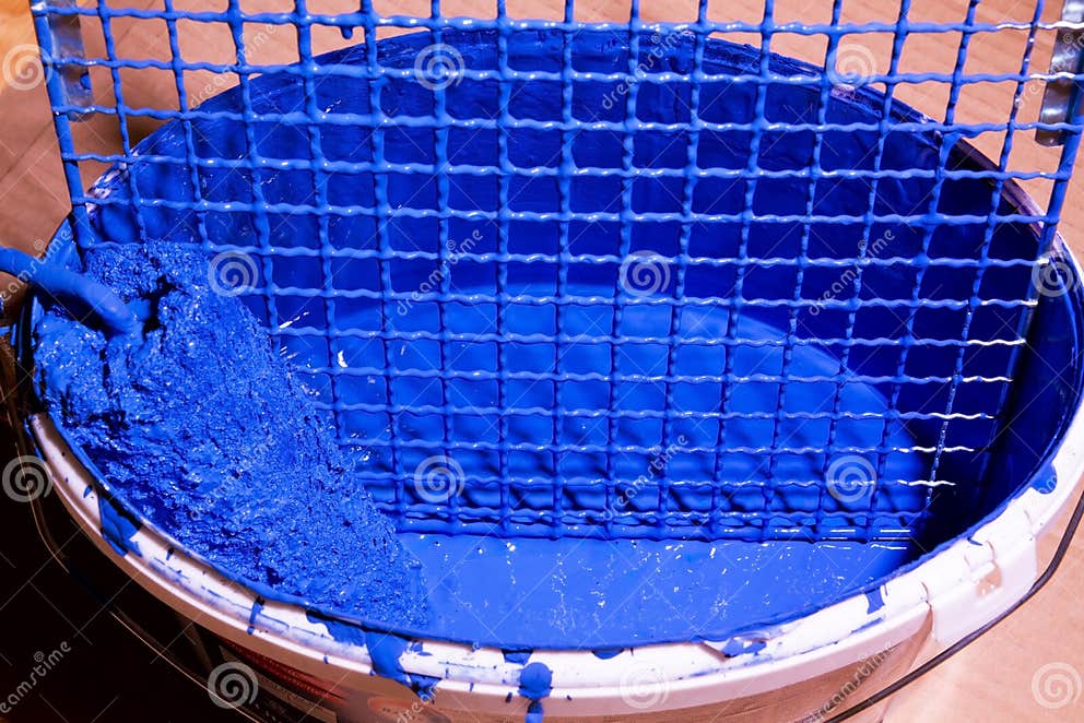 Blue paint in a bucket stock image. Image of latex, close - 18435419