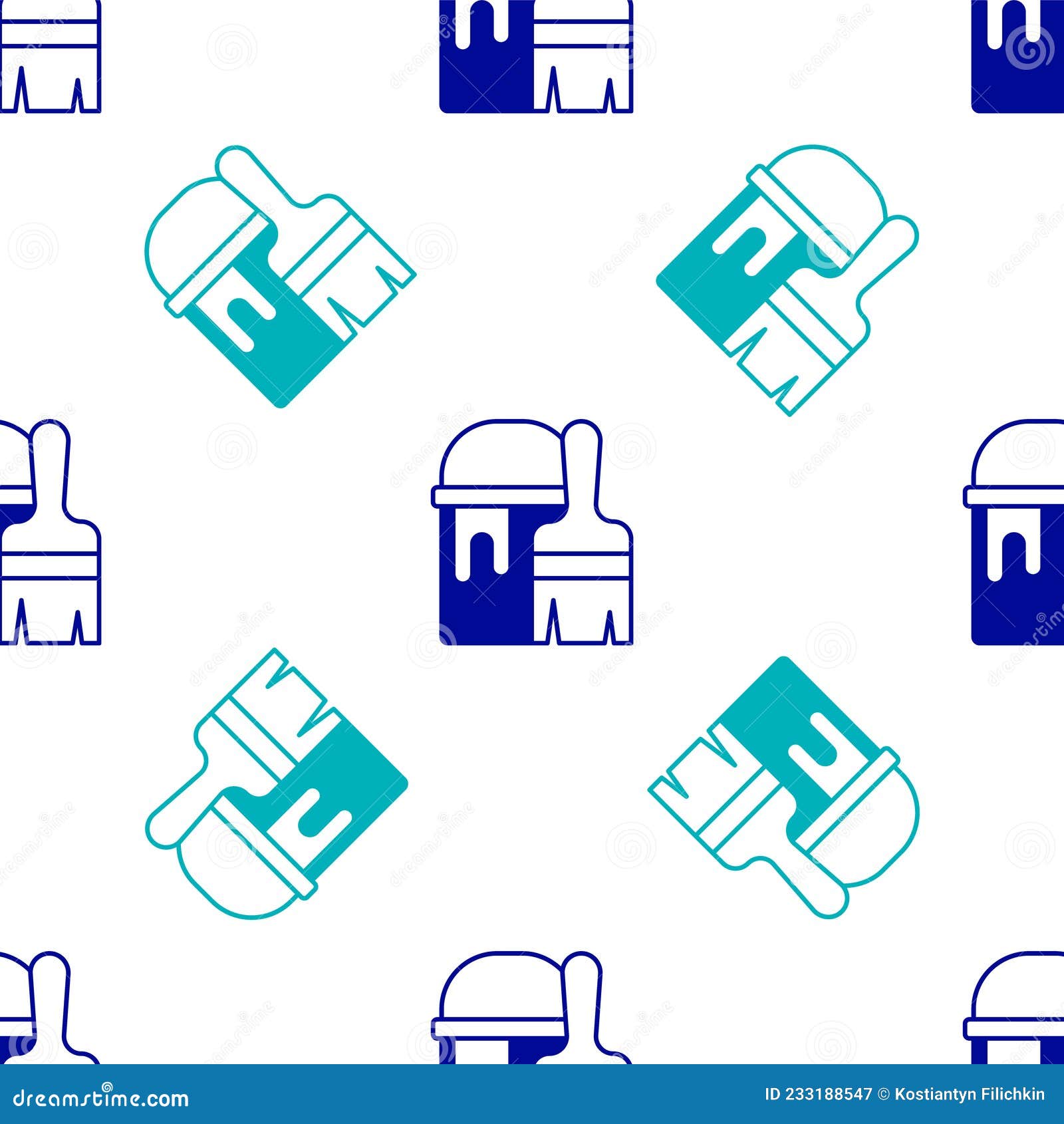 Blue Paint Bucket with Brush Icon Isolated Seamless Pattern on White ...