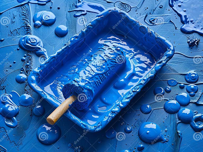 Blue Paint Roller in Tray with Paint Splatters on Surface Stock Image ...