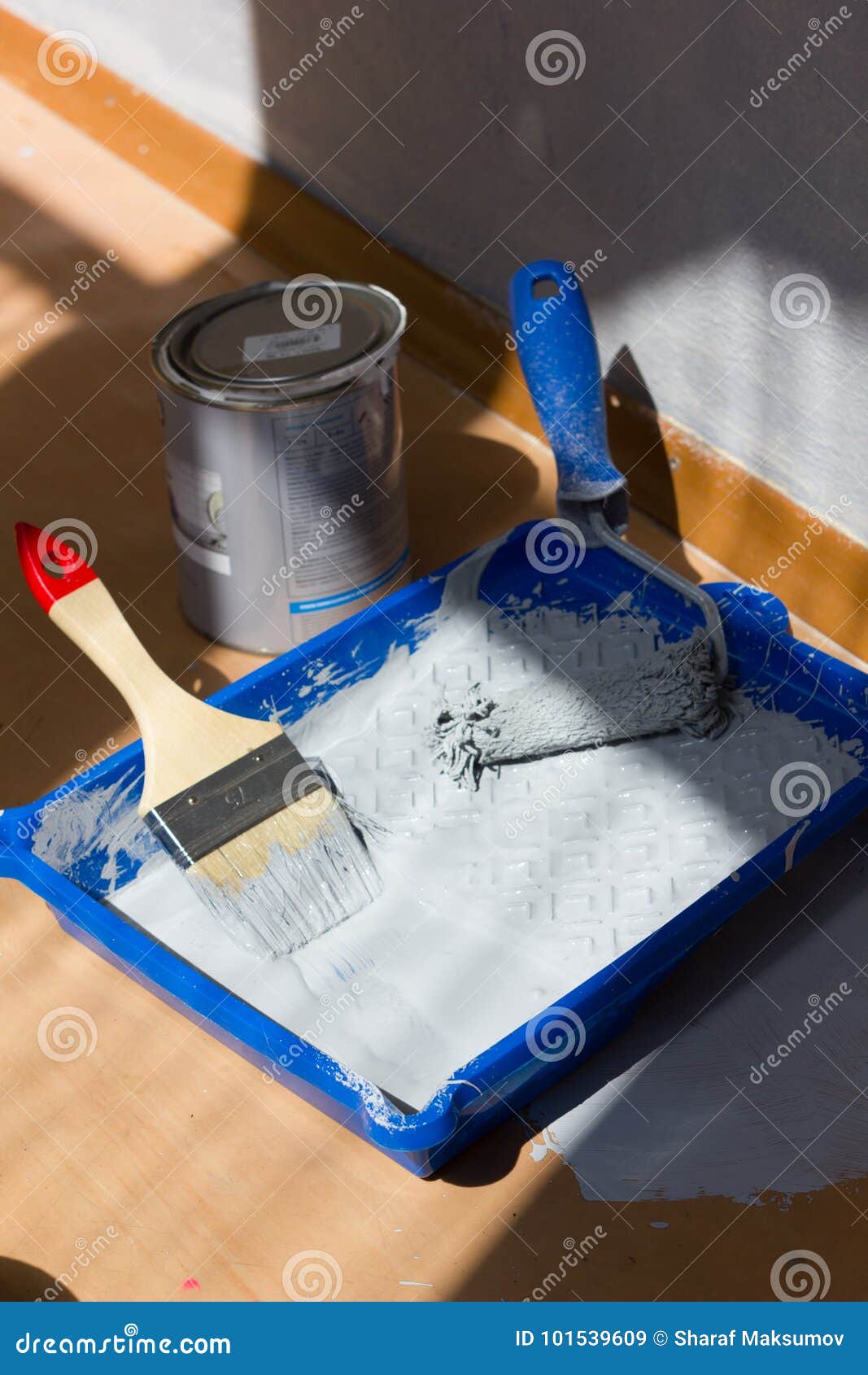 Blue Paint Tray with Paint Roller and Brush Inside it. Stock Image ...