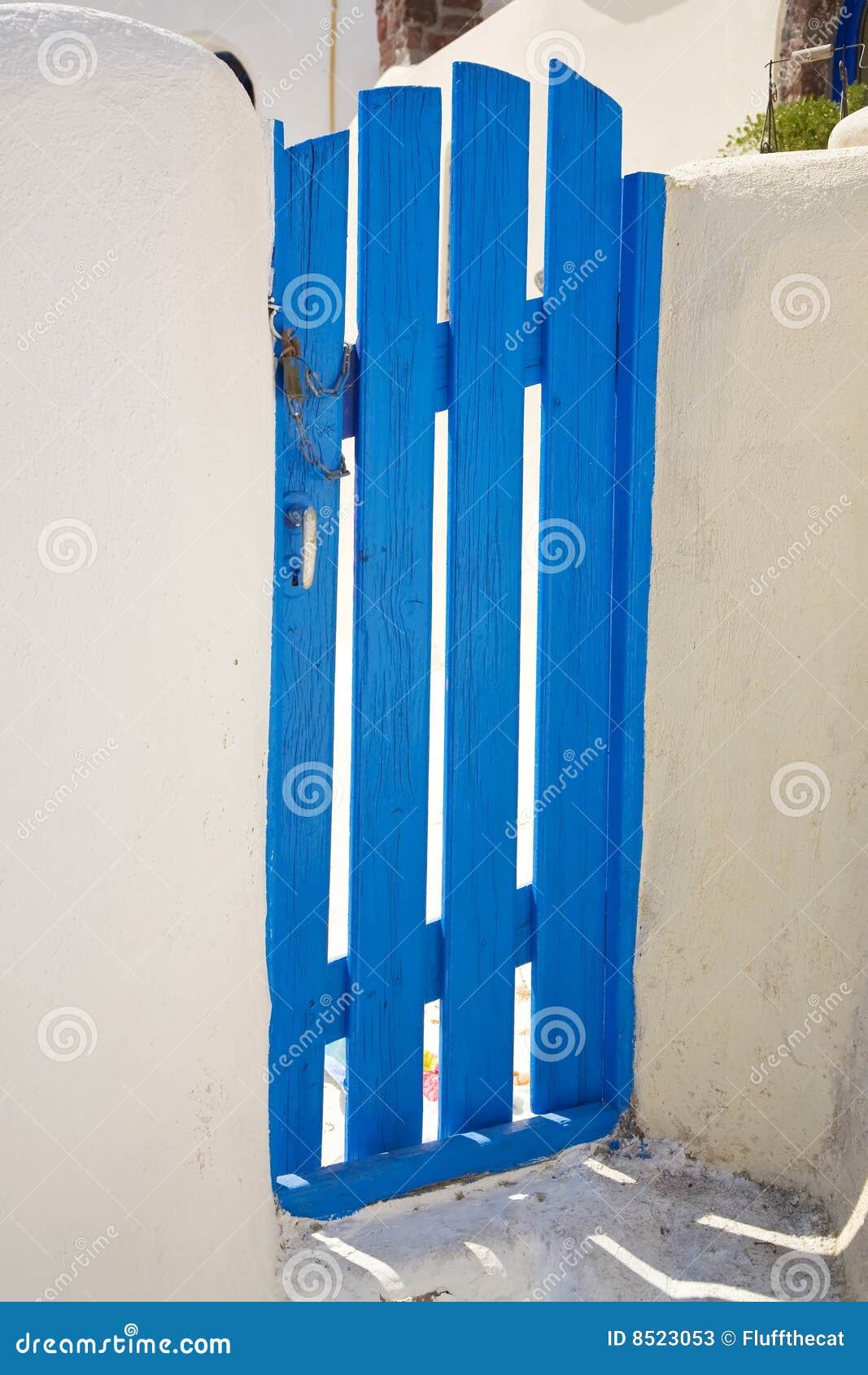 Blue Painted Garden Gate, Santorini, Greece Stock Image - Image of ...