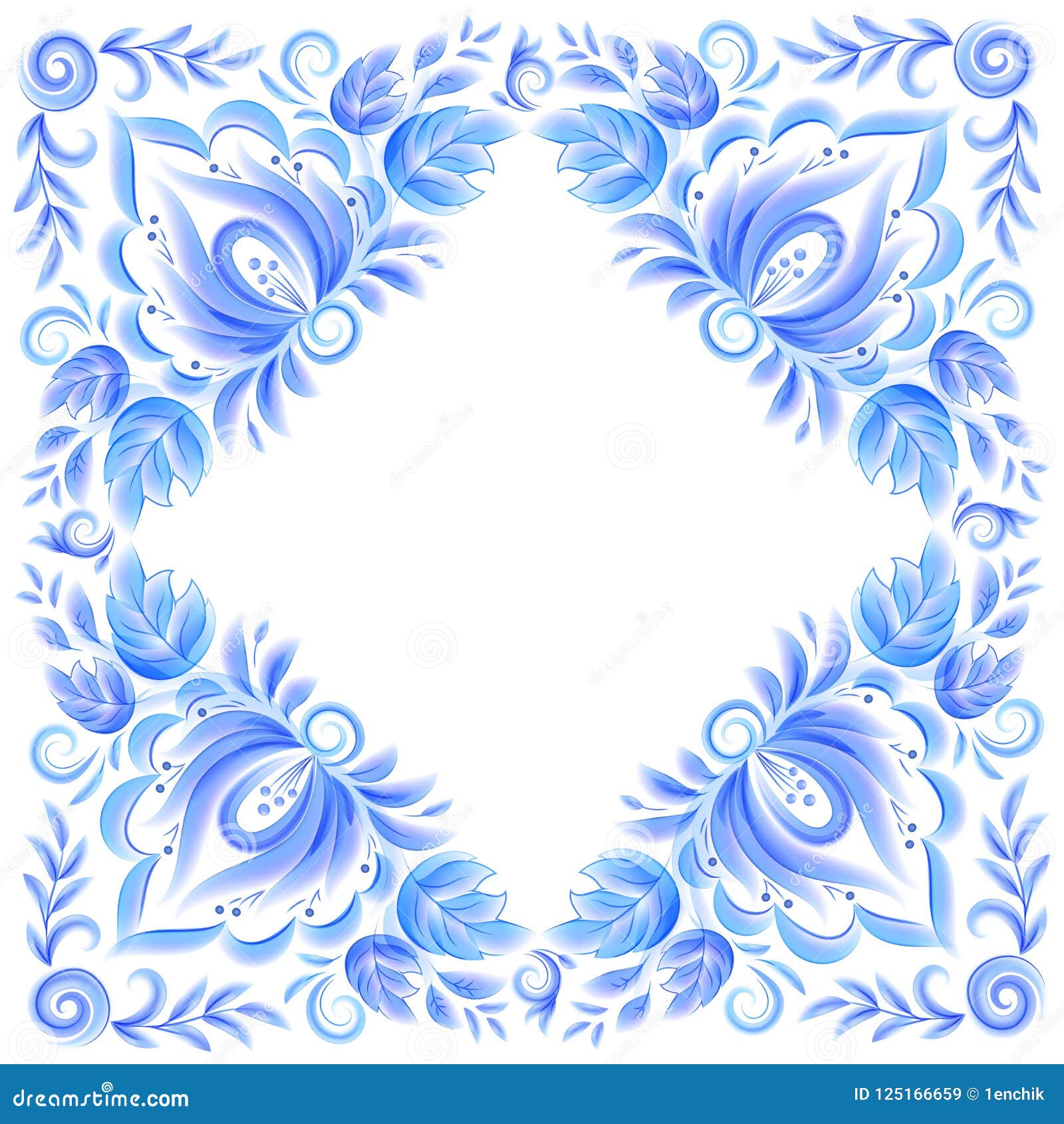 Blue Painted Style Flowers Vector Frame or Shawl Design with White ...