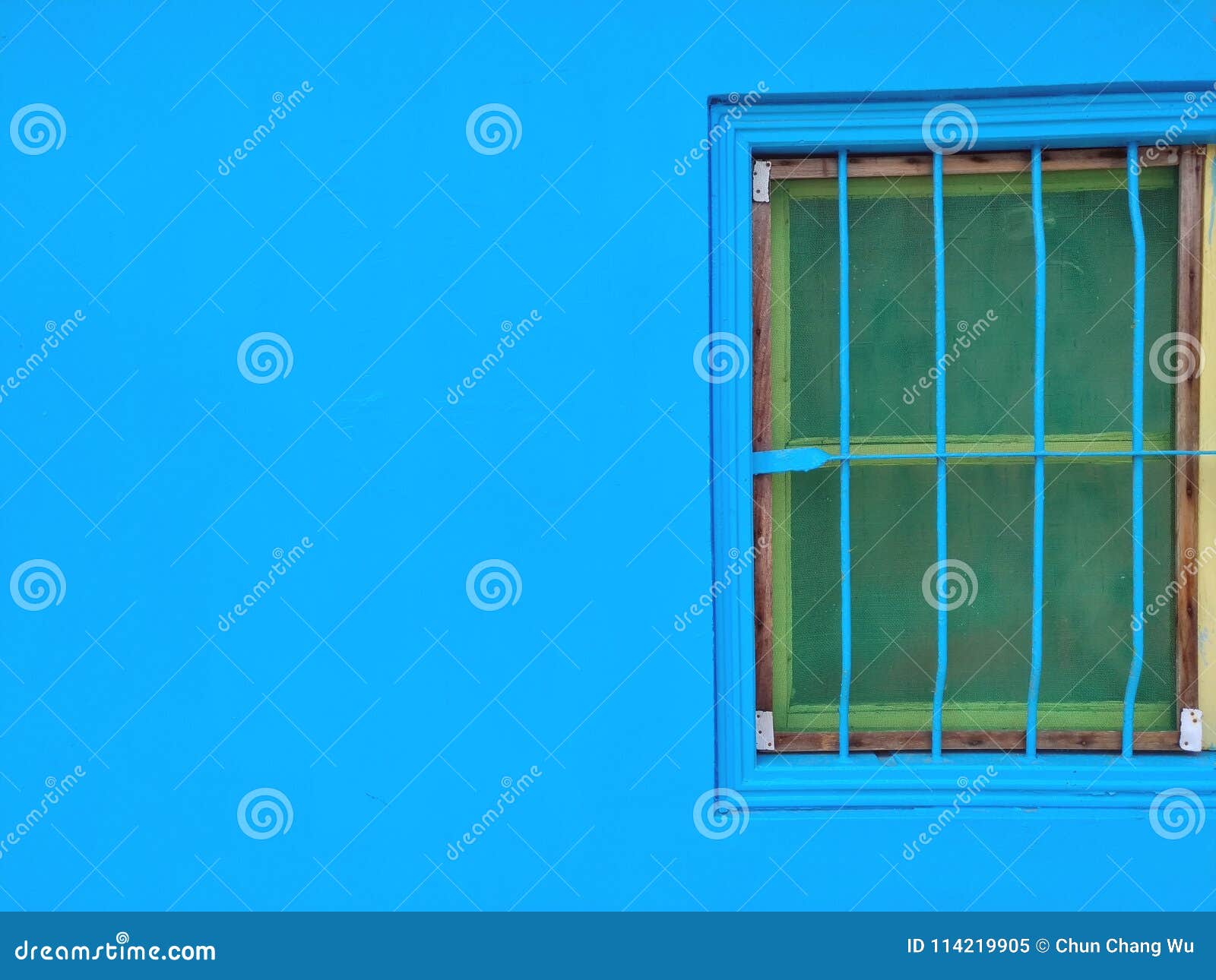 Blue-painted Wall and Old Frame Window. Stock Image - Image of ...