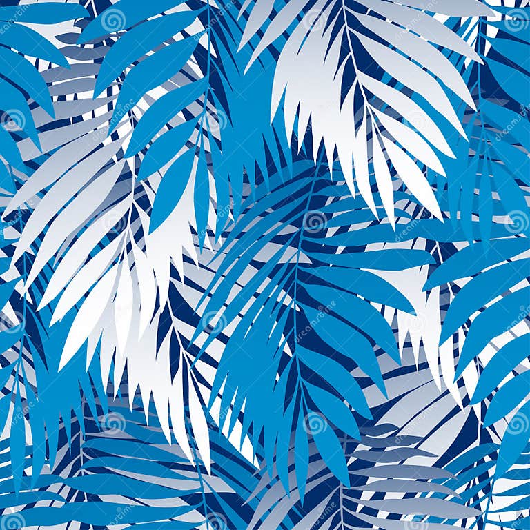 Blue Palm Leaves in a Seamless Pattern Stock Vector - Illustration of ...