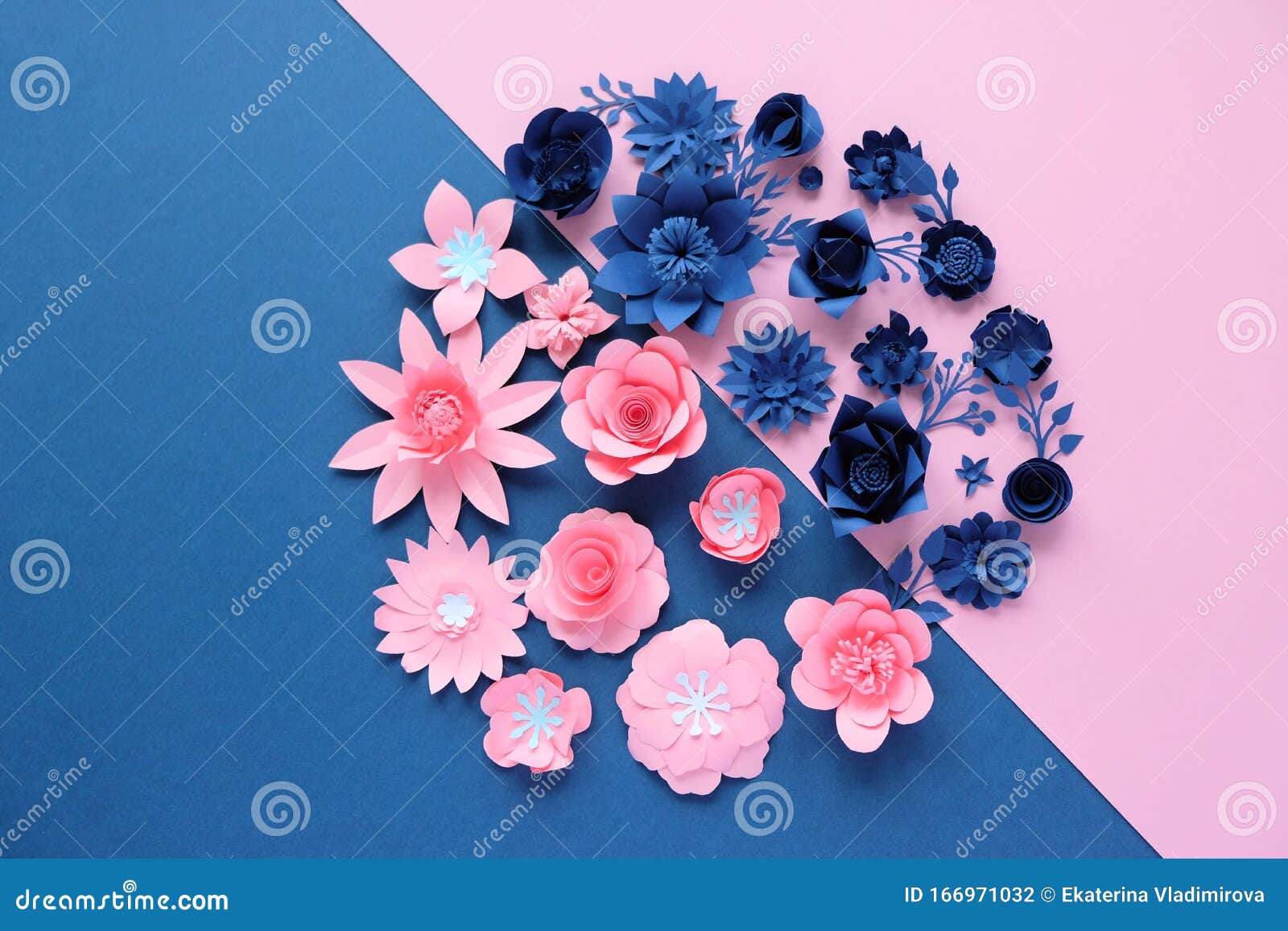 Blue Paper Flowers on Blue Background. Cut from Paper Stock Photo ...
