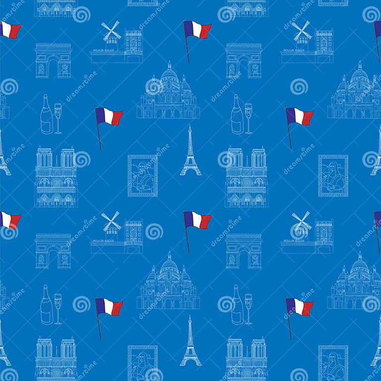 Blue Paris Vector Seamless Pattern Hand-drawn Landmarks Illustration ...
