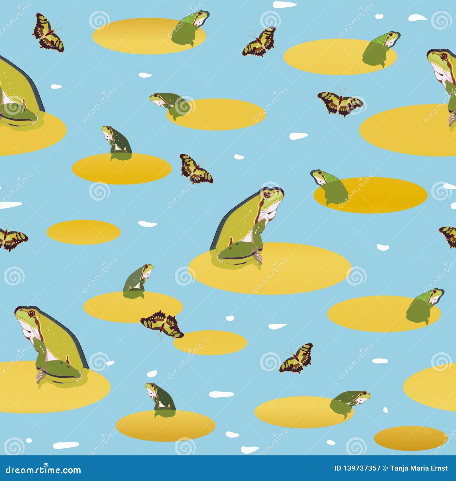 Blue Pattern with Frog and Butterfly. Stock Vector - Illustration of ...