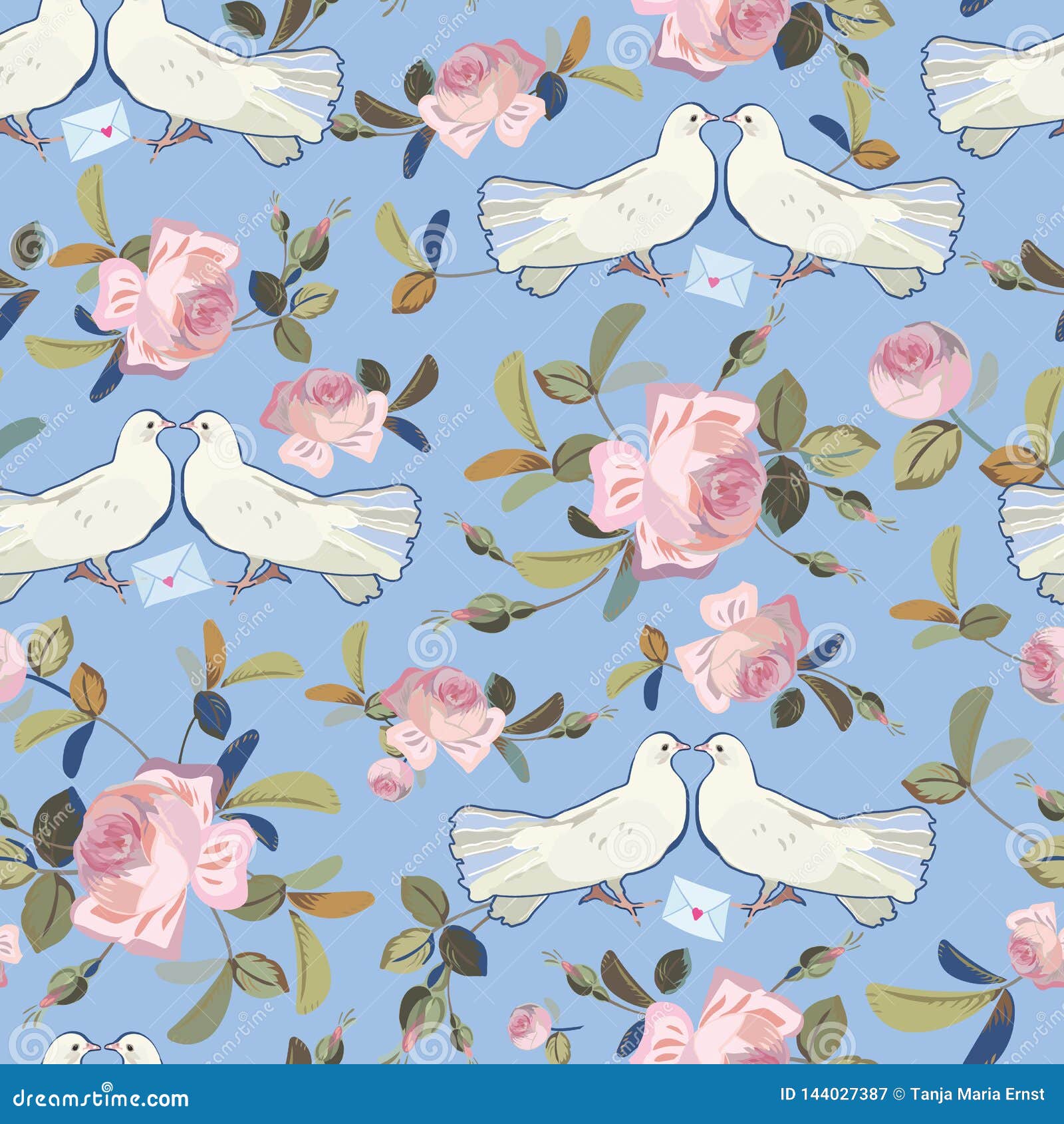 Blue Pattern with Rose and Dove. Stock Vector - Illustration of dove ...