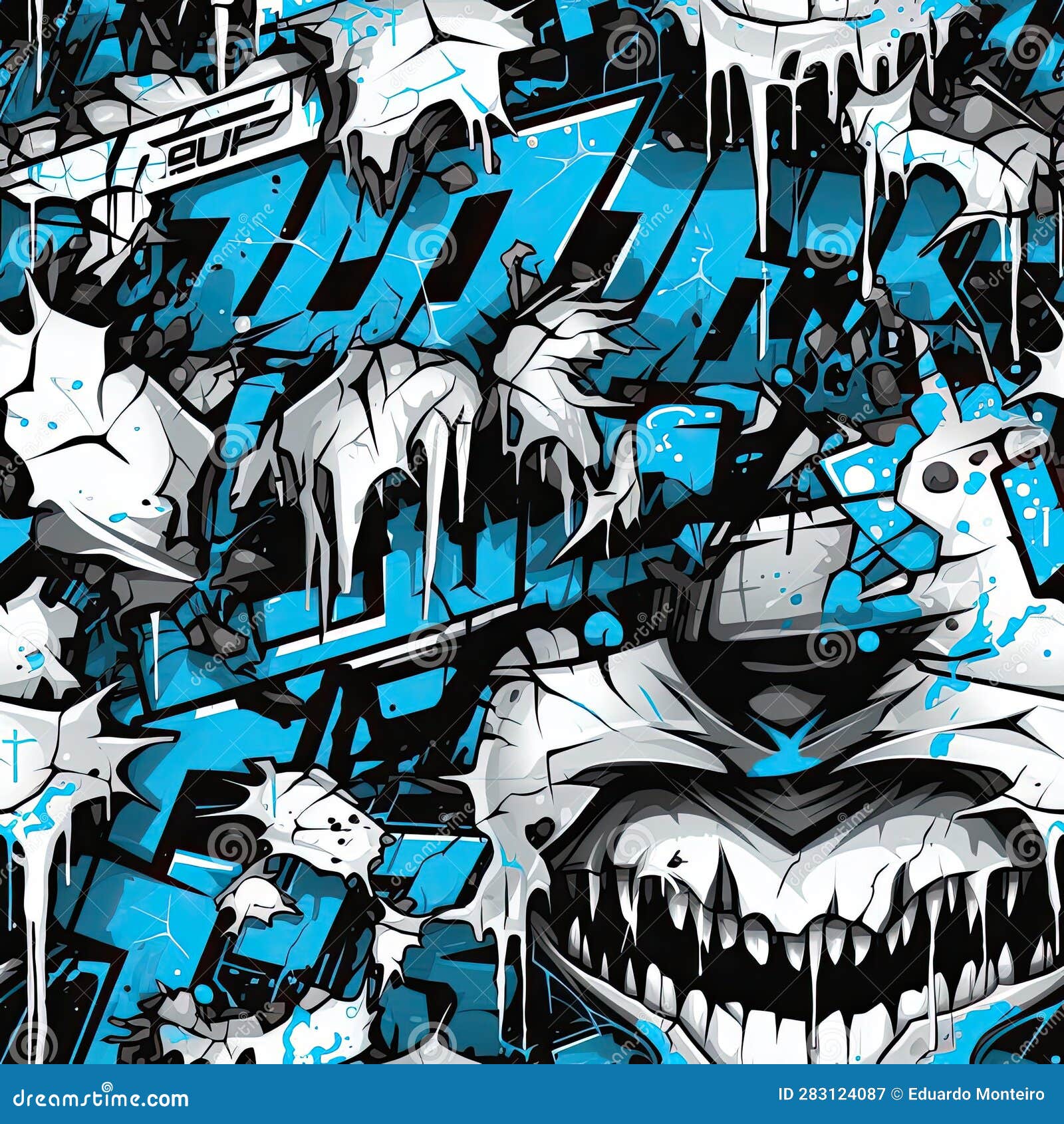 Blue Pattern with Skulls and Graffiti-inspired Illustrations (tiled ...