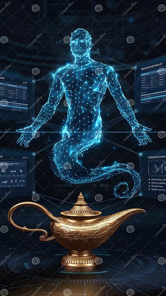 Blue Patterned Digital Figure Emerges from Genie Lamp Amidst Futuristic ... Blue Patterned Digital Figure Emerges from Genie Lamp Amidst Futuristic ...