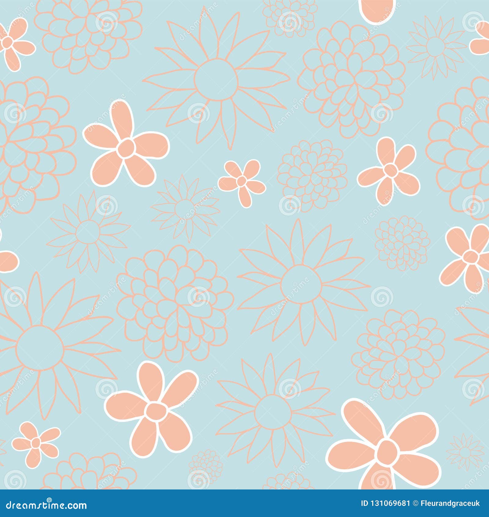 Blue and Peach Floral Seamless Pattern Design Stock Illustration ...