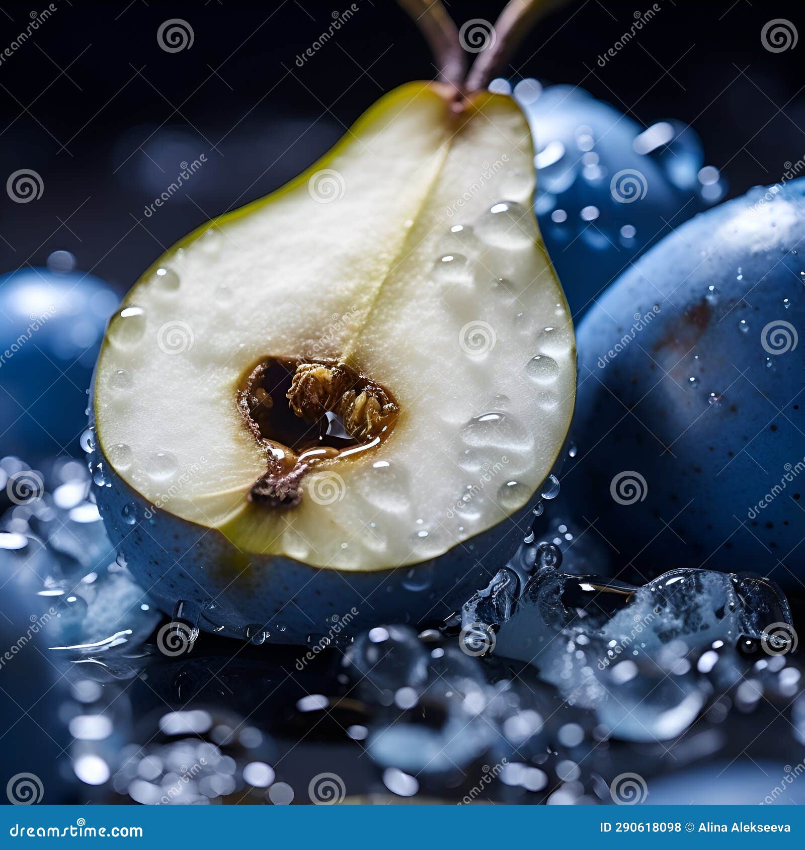 Blue Pear Close-up. Fantasy Blue Pear with Water Drops. Halfed Pear on ...