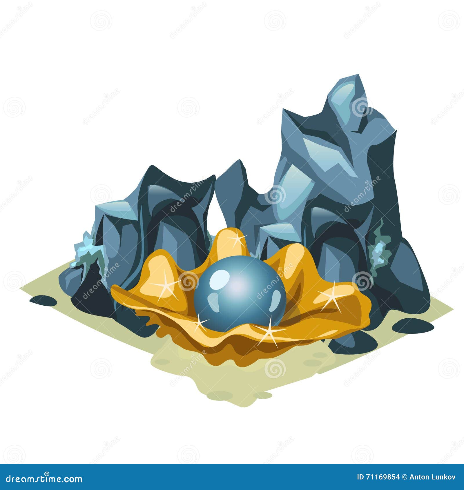 Blue Pearl in Golden Shell among the Rocks Stock Vector - Illustration ...