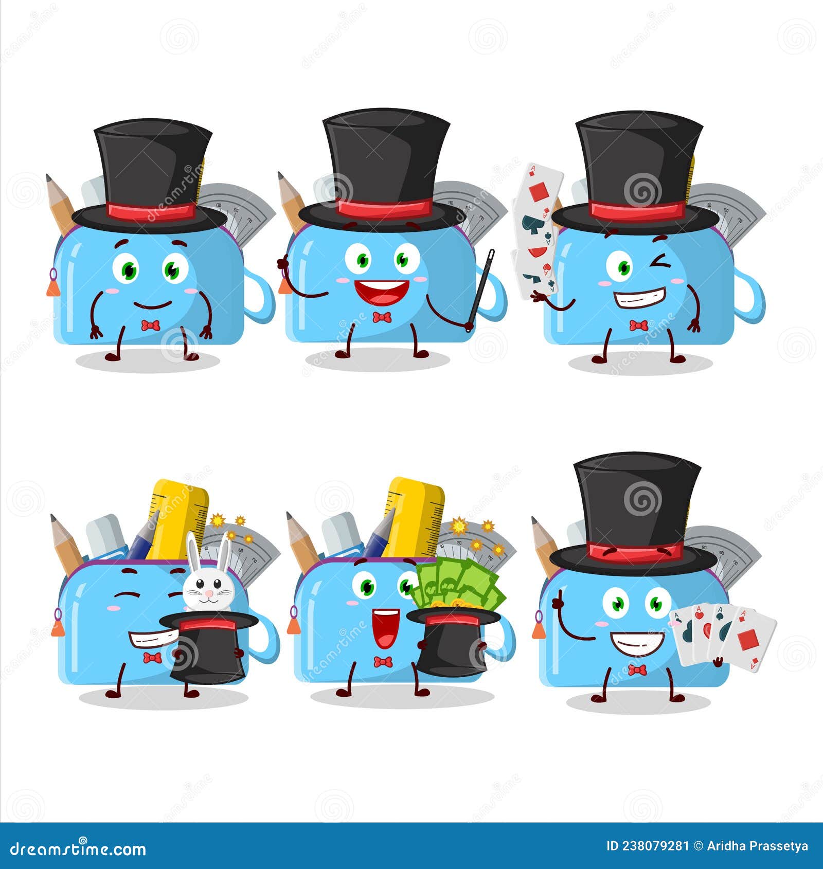 A Blue Pencil Case Magician Cartoon Character Perform on a Stage Stock ...