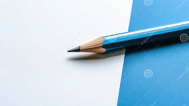 Blue Pencil Pointing at White Paper on Blue Background Stock Photo ...