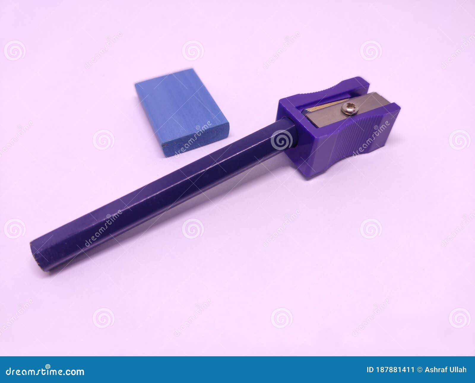 Blue Pencil with Sharpner and Eraser Isolated in White Background Stock ...