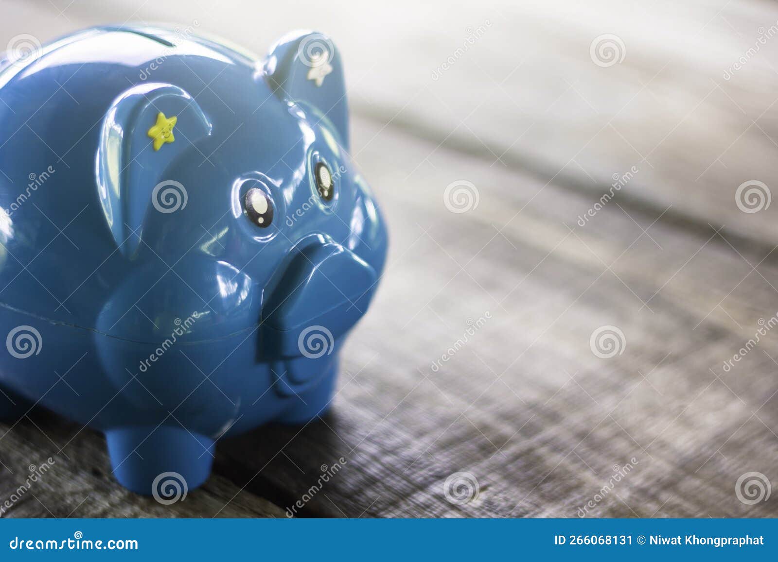 Blue Piggy Bank on Wooden Table Stock Image - Image of retro, economy ...