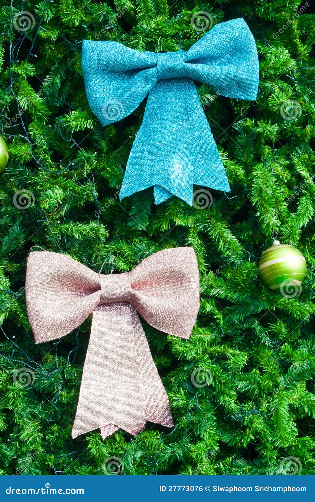 Blue and Pink Bow on Christmas Tree Stock Photo - Image of celebrate ...