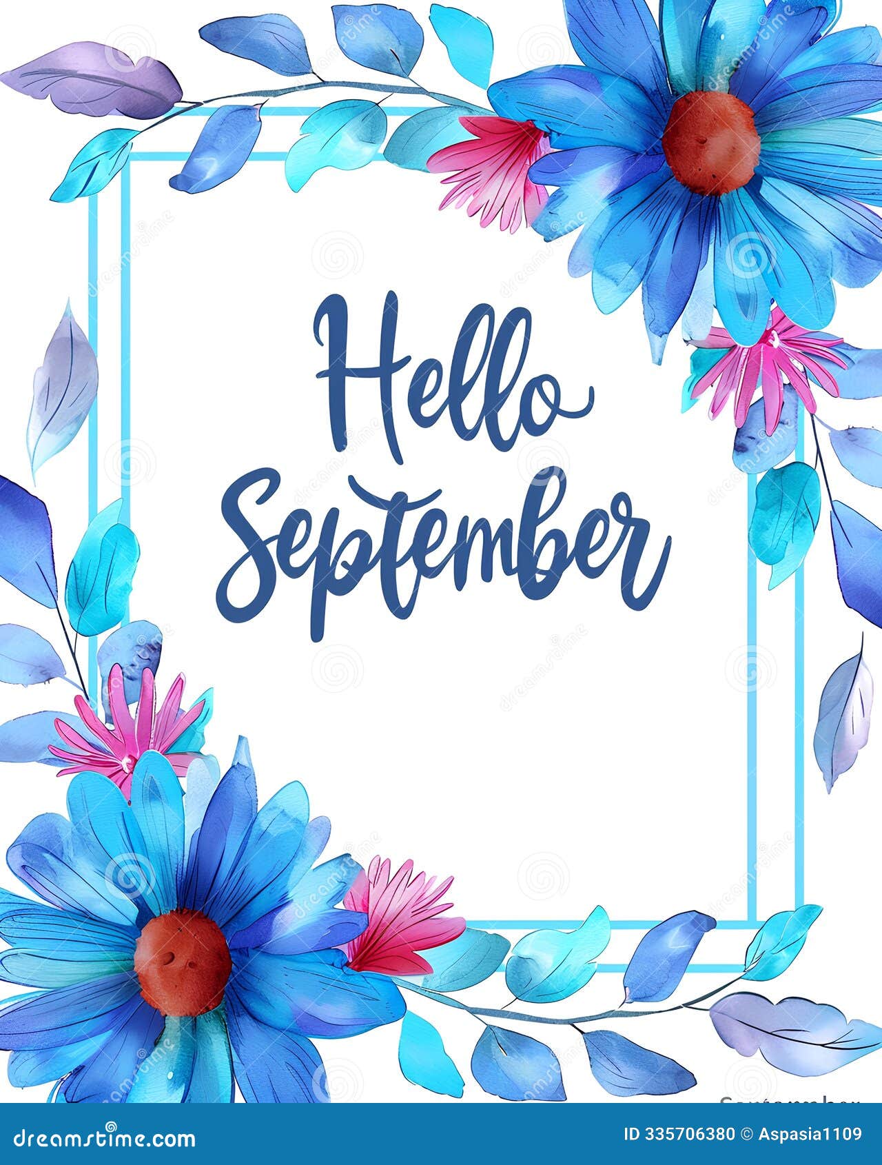 A Blue and Pink Flowery Border with the Words Hello September. AI ...