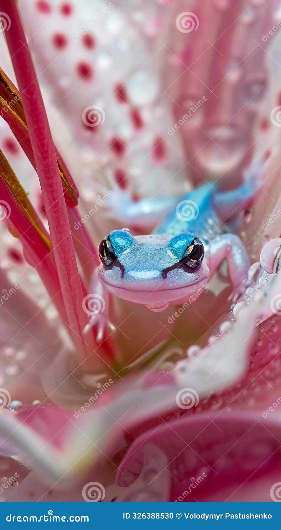 A Blue and Pink Frog is Sitting in a Flower Stock Photo - Image of lily ...