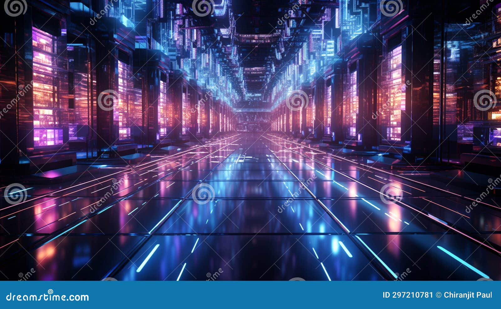 Blue and Pink Lights Server Room with Rows of Servers Interior Stock ...