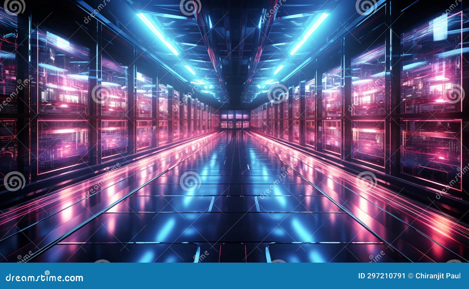 Blue and Pink Lights Server Room with Rows of Servers Interior Stock ...