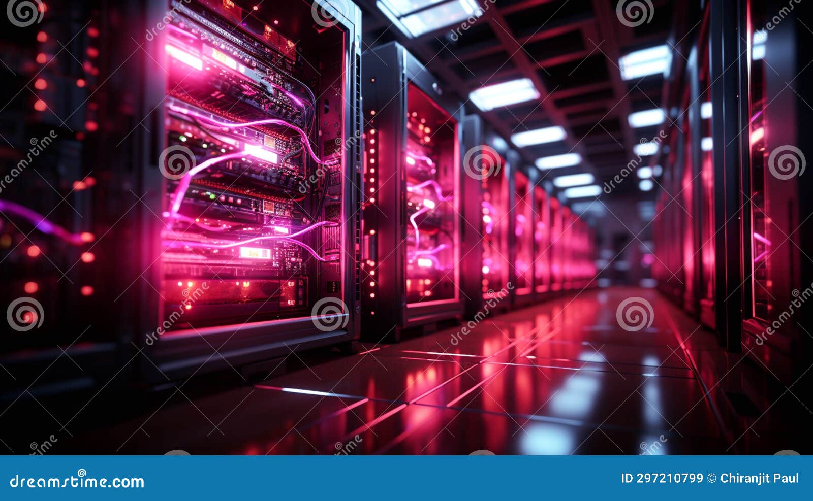 Blue and Pink Lights Server Room with Rows of Servers Interior Stock ...