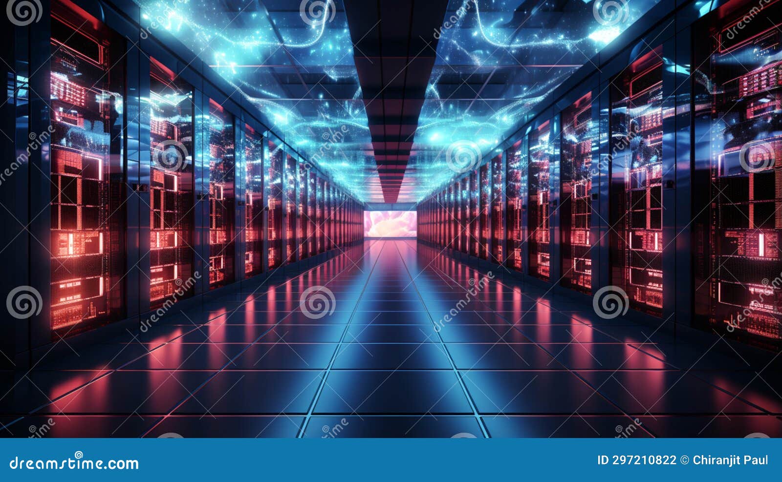Blue and Pink Lights Server Room with Rows of Servers Interior Stock ...