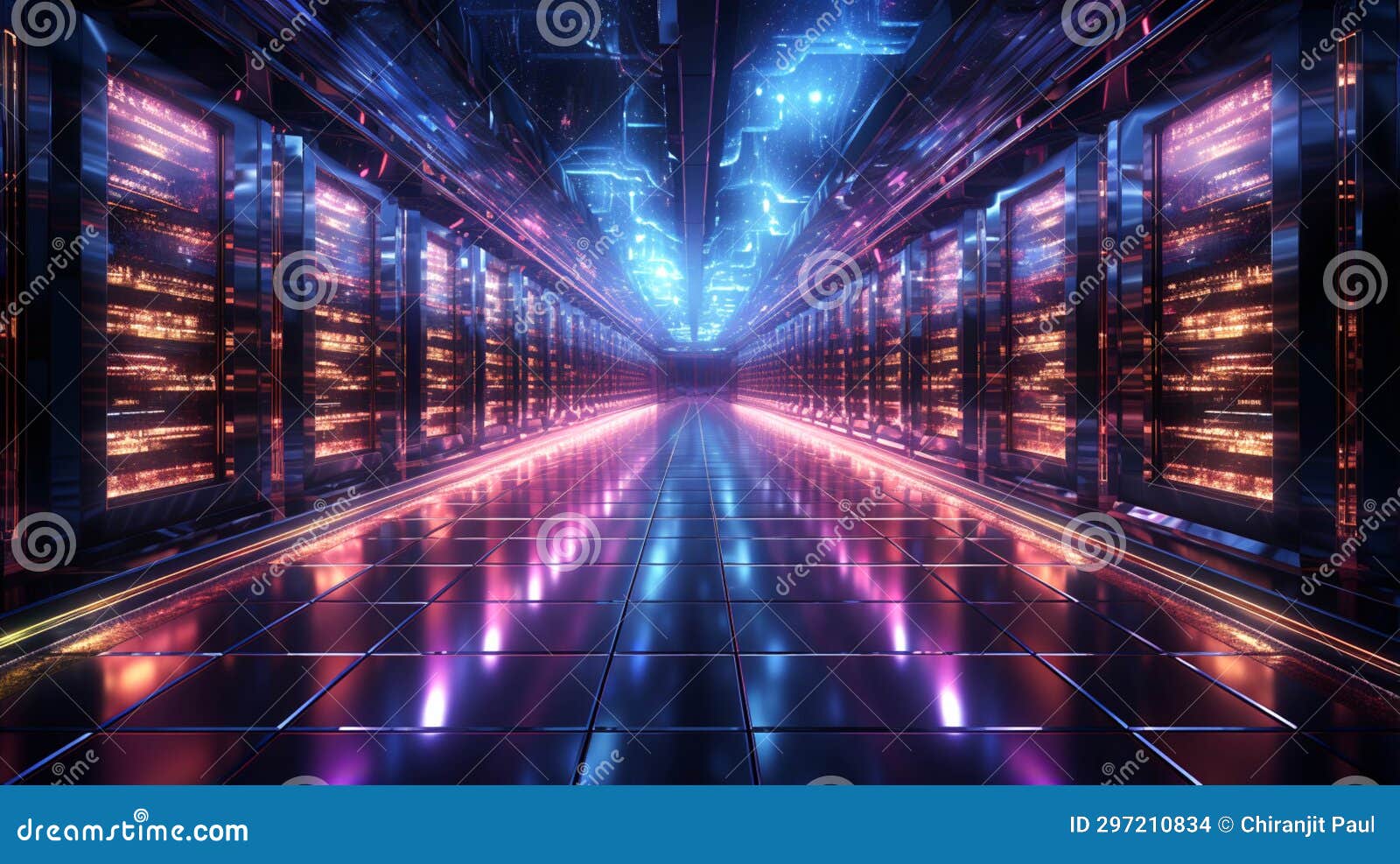 Blue and Pink Lights Server Room with Rows of Servers Interior Stock ...