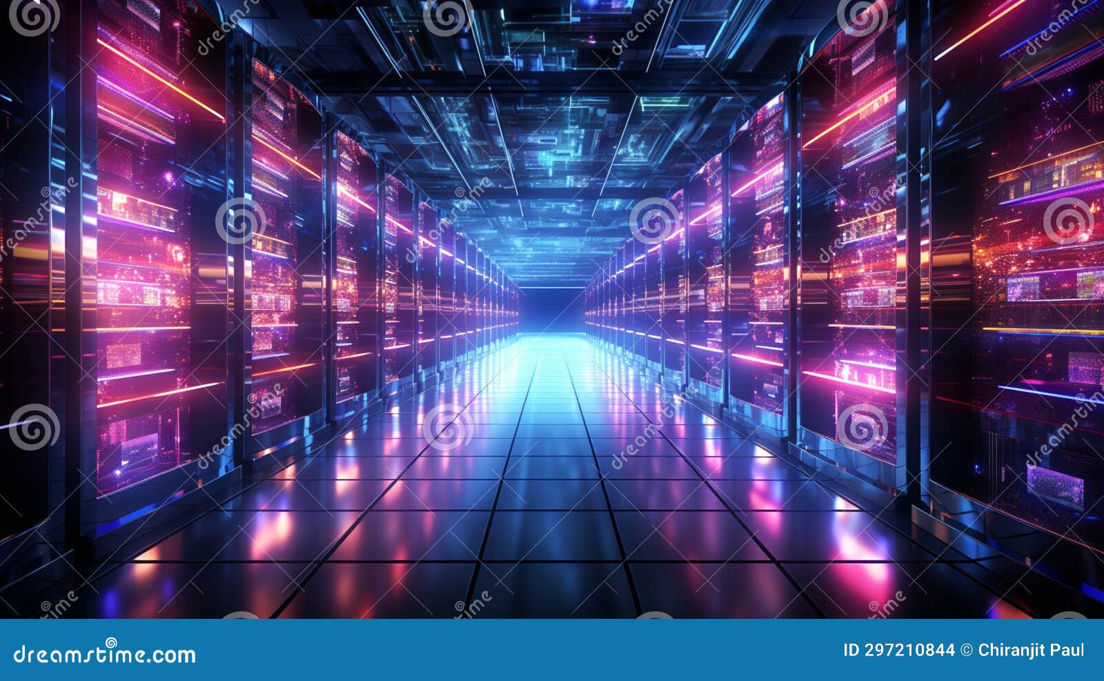 Blue and Pink Lights Server Room with Rows of Servers Interior Stock ...