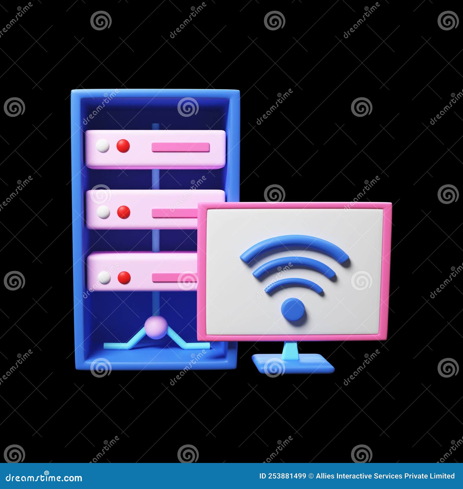 Blue and Pink Wifi Connect Computer for Server Connection 3D Rendering ...