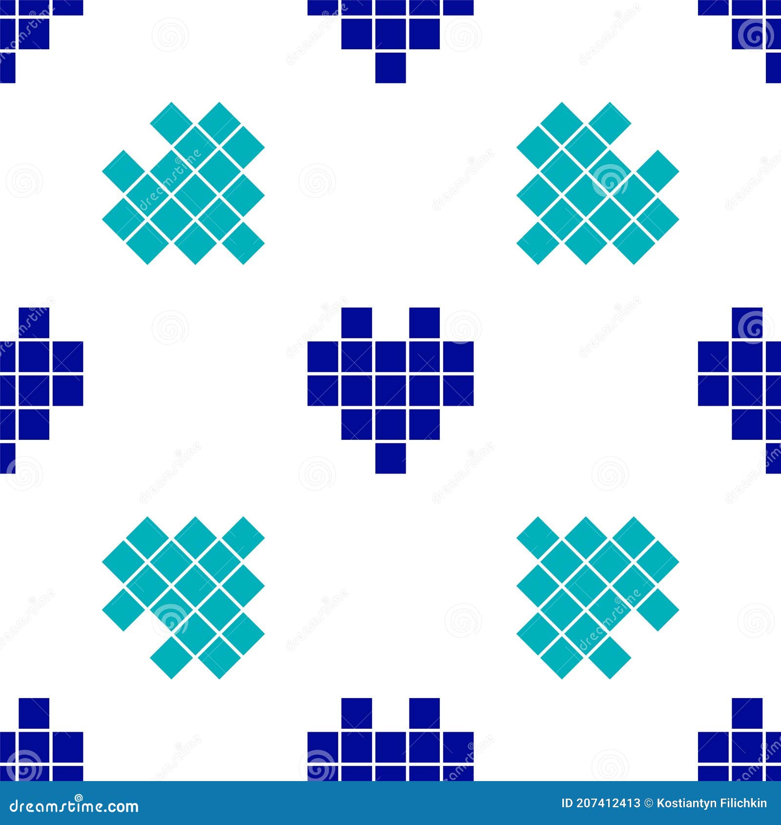 Blue Pixel Hearts for Game Icon Isolated Seamless Pattern on White ...