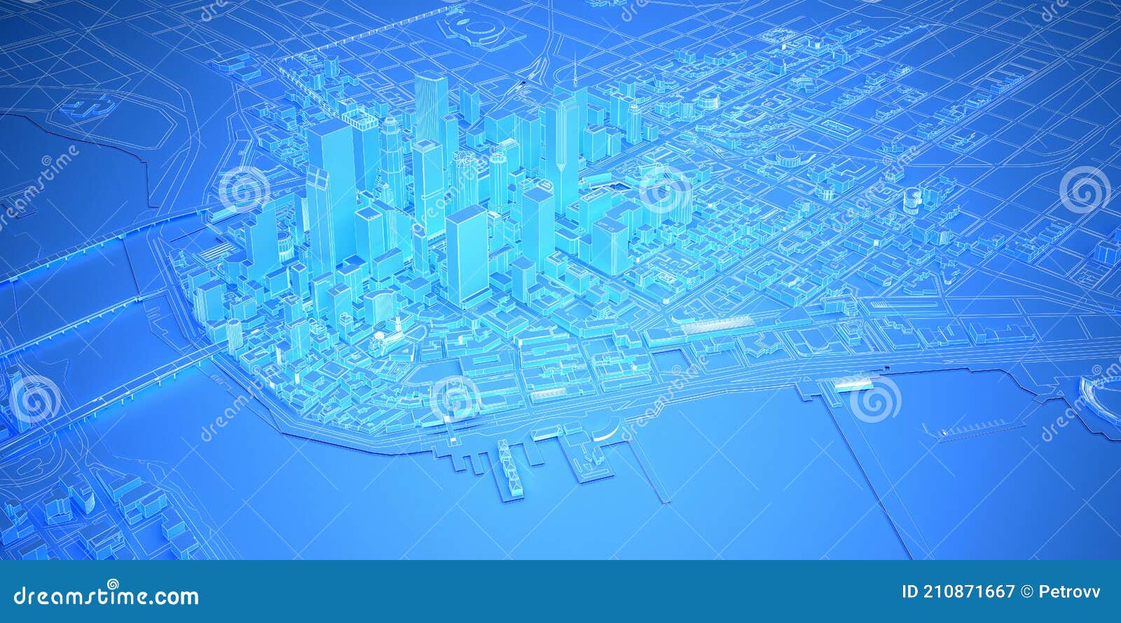 Blue Plain Low Poly Modern Downtown with Coastline Above View Stock ...