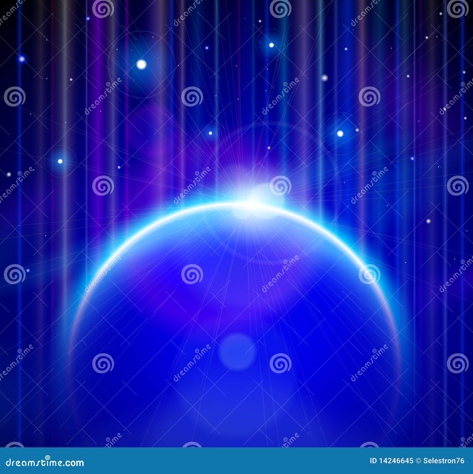 Blue Planet Earth with Rising Sun, Stars Stock Vector - Illustration of ...