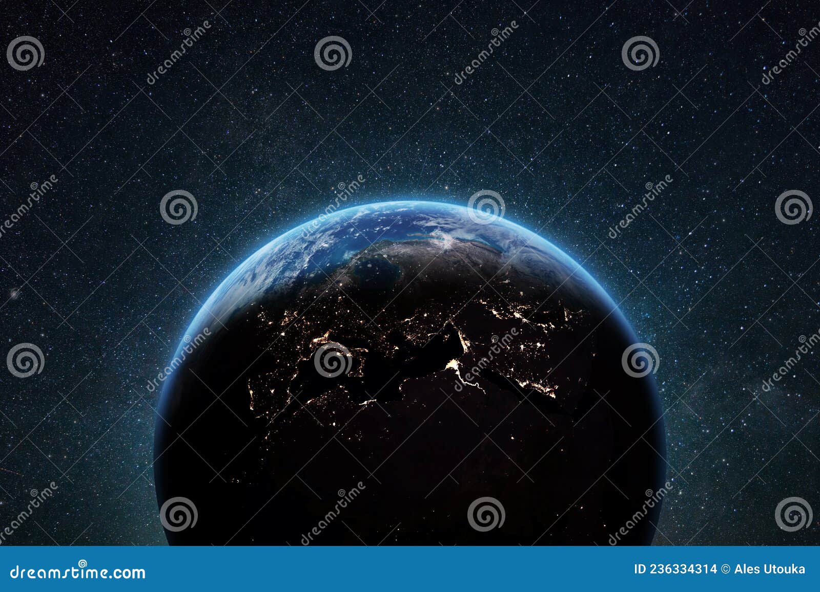 Blue Planet Earth with Skyline and Bright City Lights in Deep Space ...