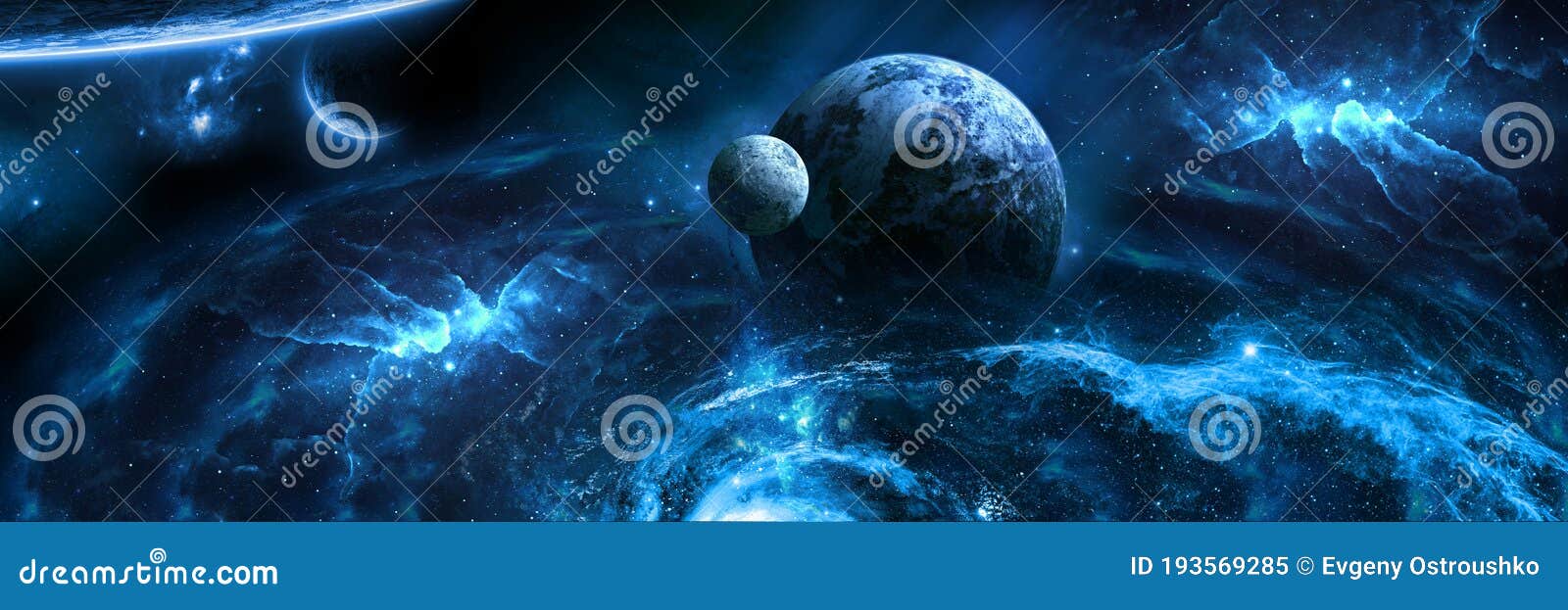Blue Planets in Space in a Foggy Whirlwind Stock Illustration ...
