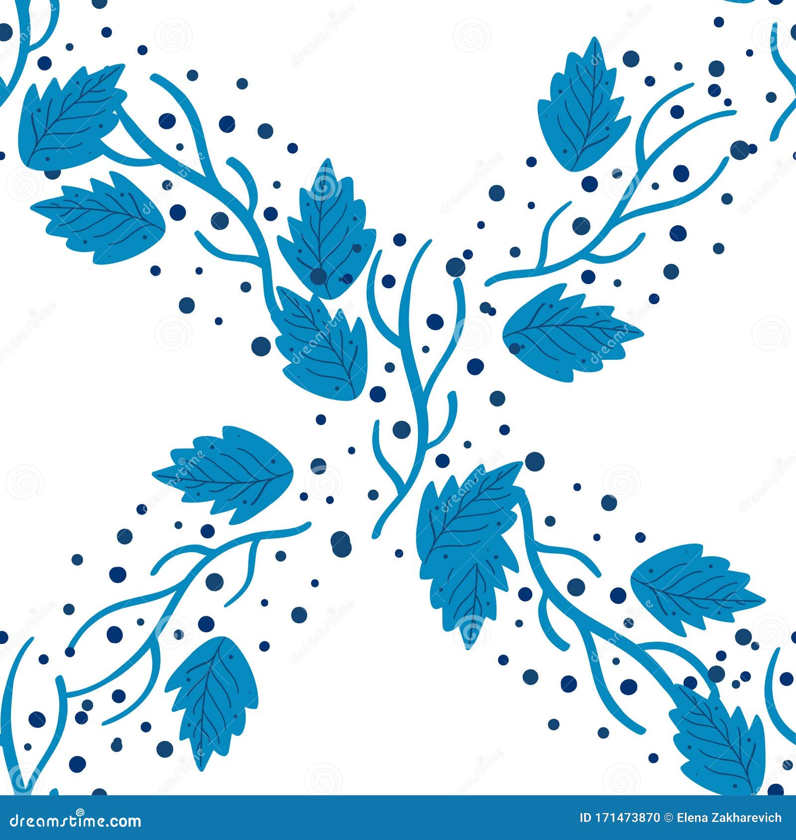 Blue Plants Leaves Abstract Fabric Seamless Pattern on White Stock ...