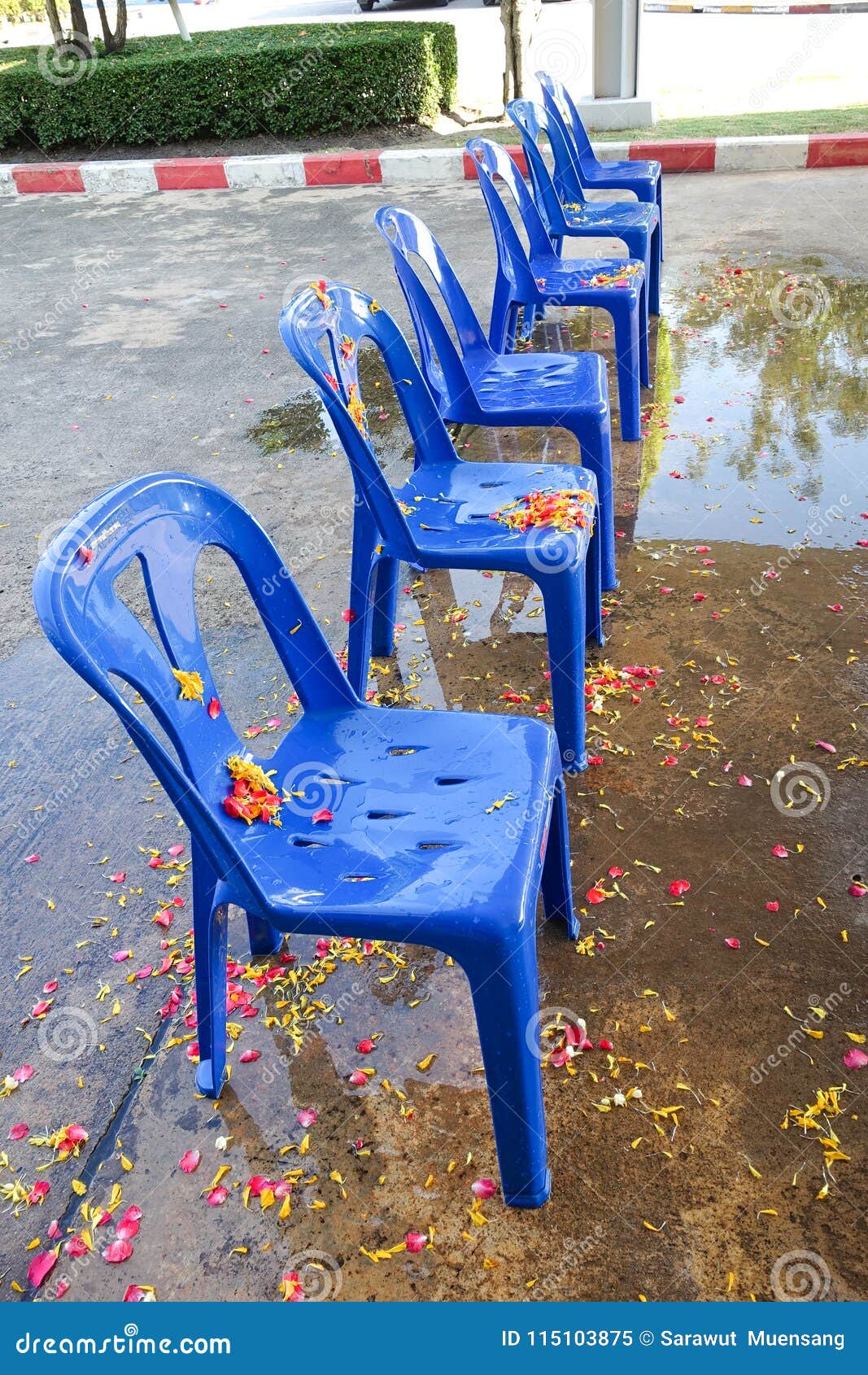 Blue plastic chair line stock image. Image of autumn - 115103875