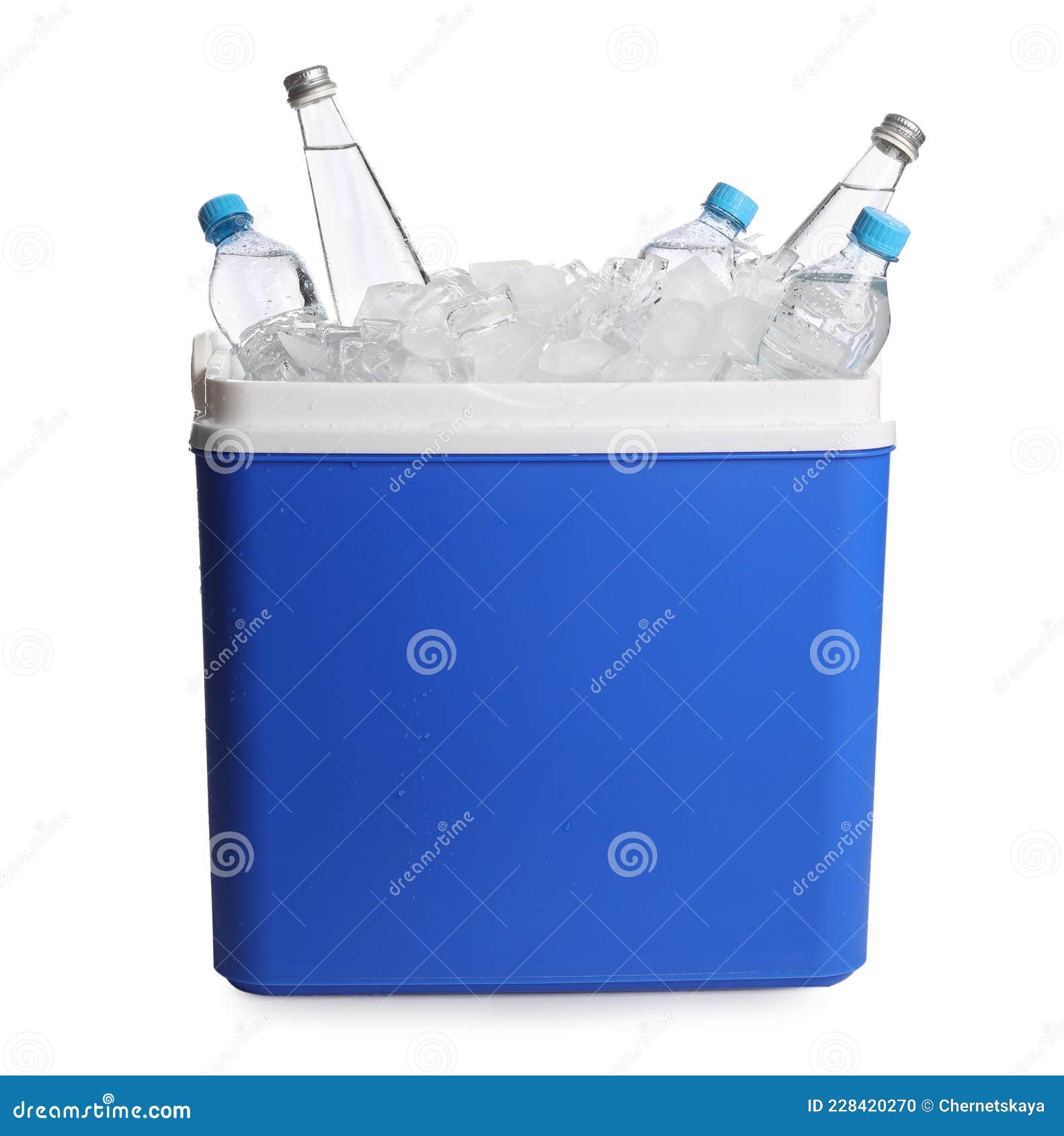 Blue Plastic Cool Box with Ice Cubes and Bottles of Water on White ...