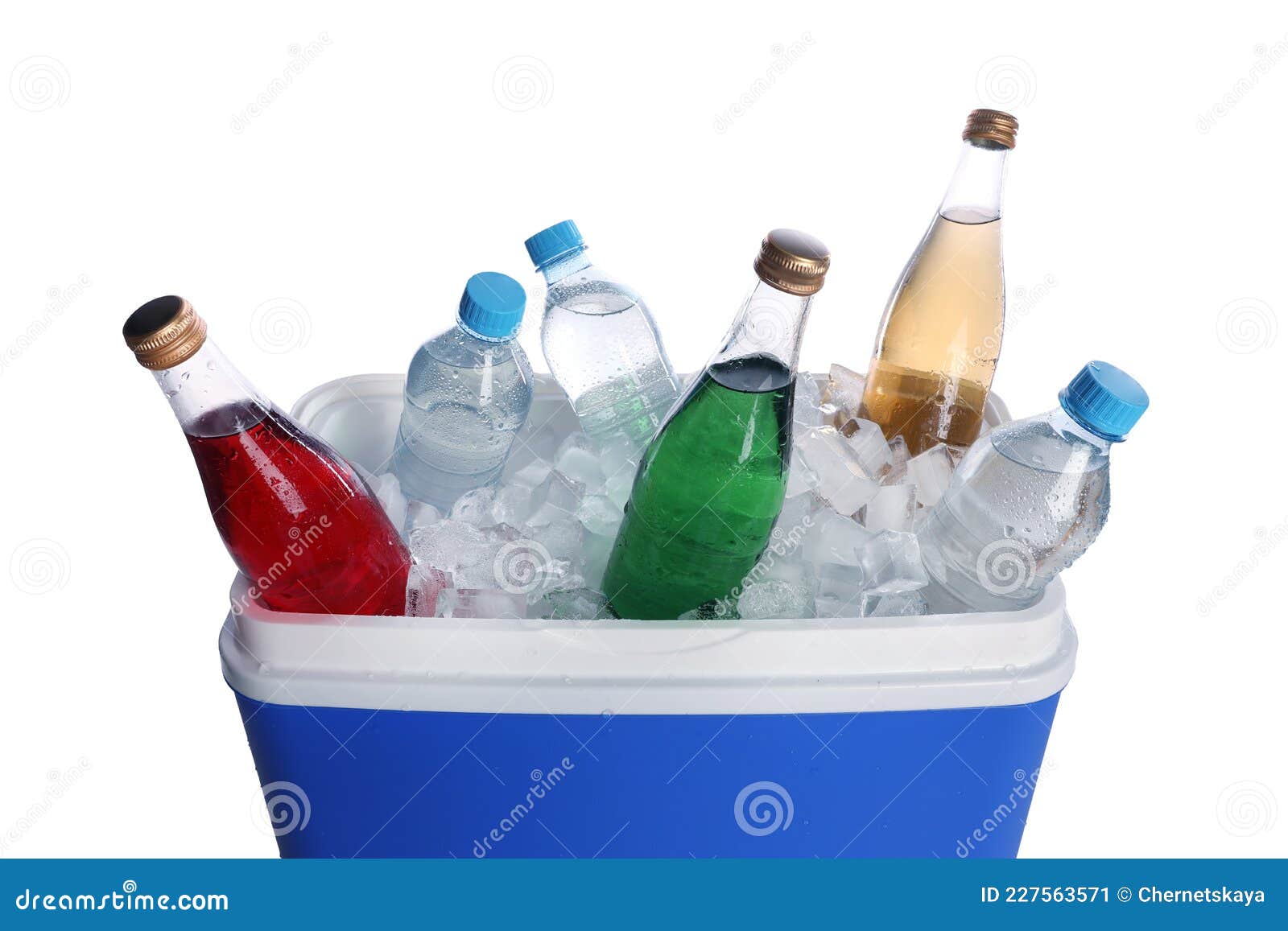 Blue Plastic Cool Box with Ice Cubes and Refreshing Drinks on White ...