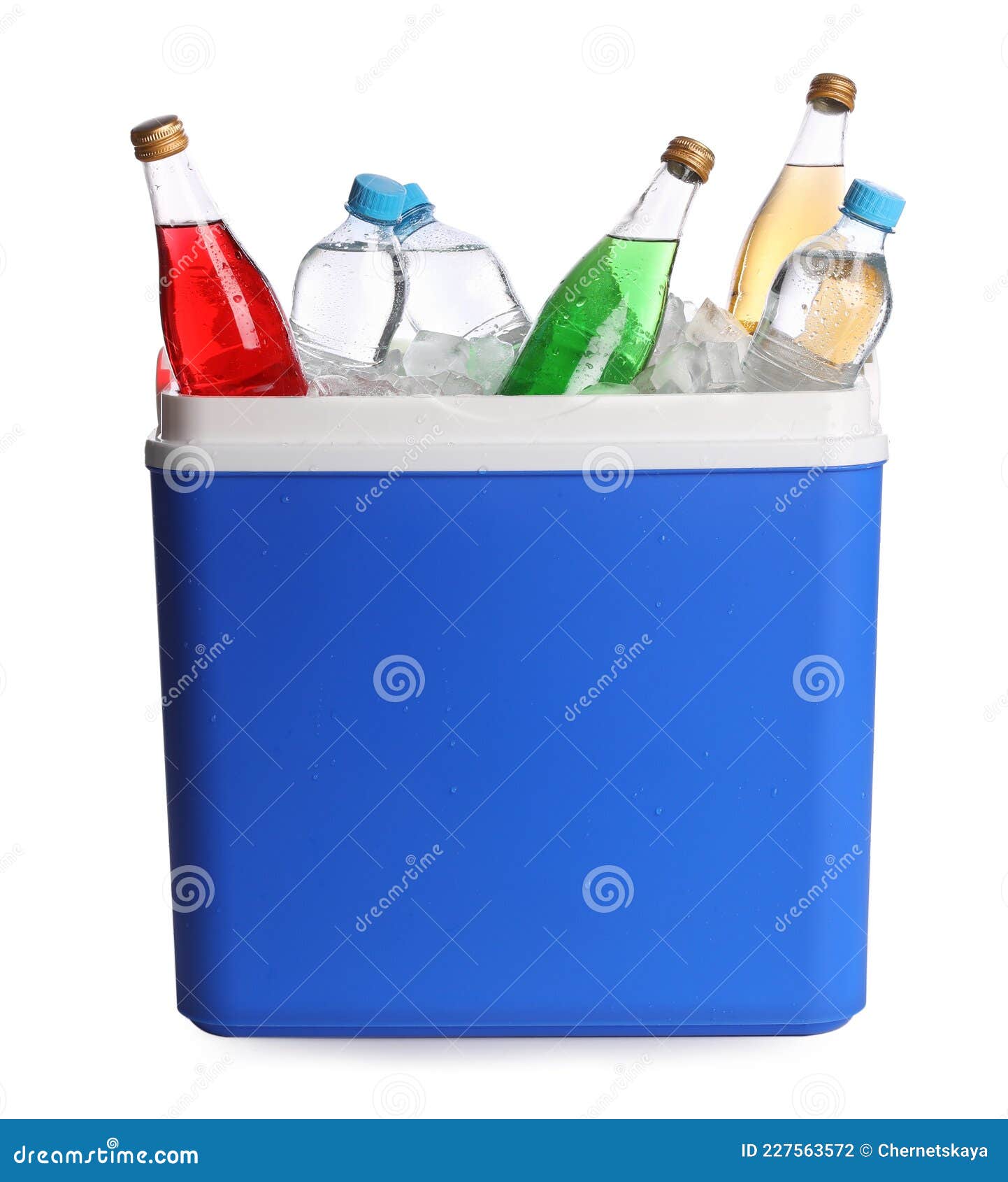 Blue Plastic Cool Box with Ice Cubes and Refreshing Drinks on White ...