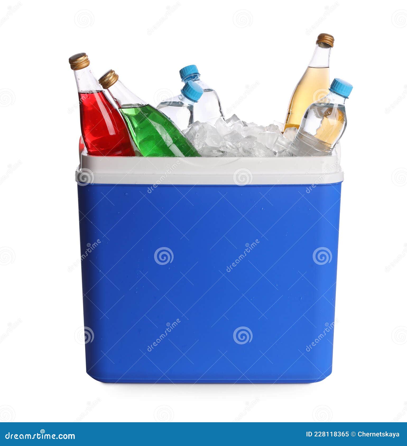 Blue Plastic Cool Box with Ice Cubes and Refreshing Drinks on White ...