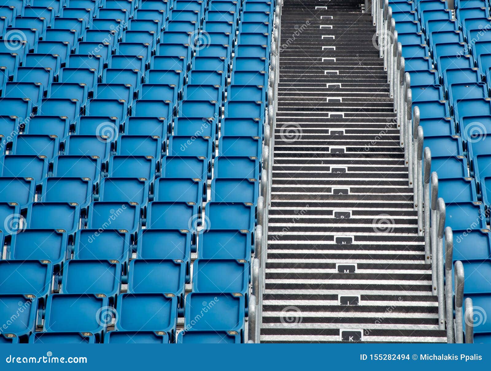 Blue Plastic Empty Stadium Chairs in a Row Stock Photo - Image of seat ...