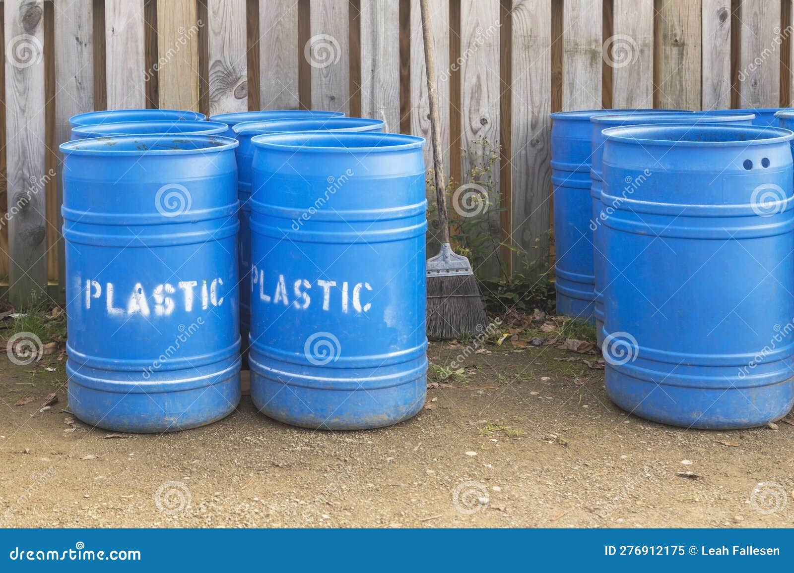 Large Plastic Blue Barrels for Recycling Stock Image - Image of broom ...