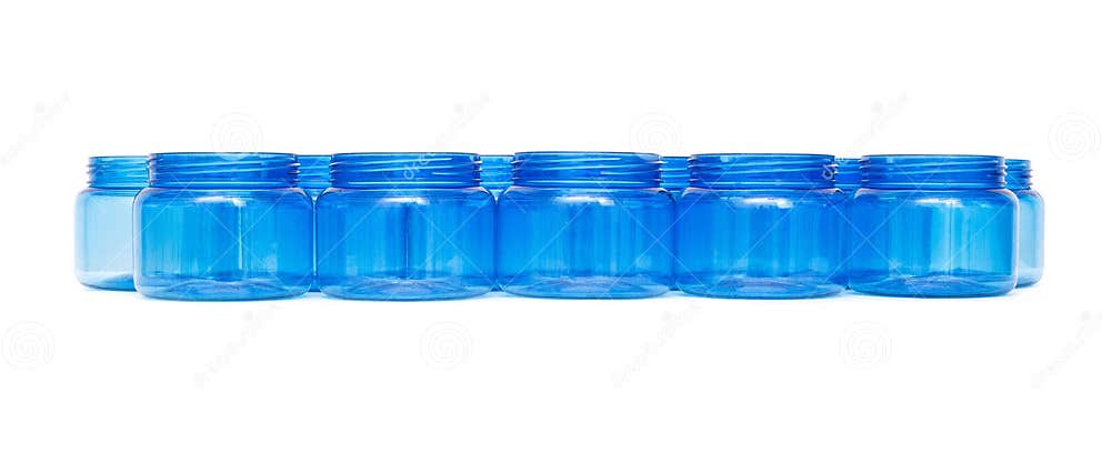 Blue Plastic Jars on a White Background Isolate, Polyethylene ...