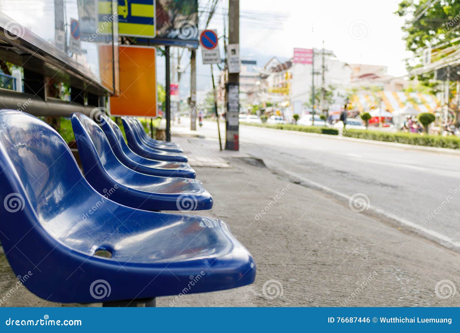 Blue Plastic Seats in Bus Stop,soft Focus Stock Photo - Image of design ...
