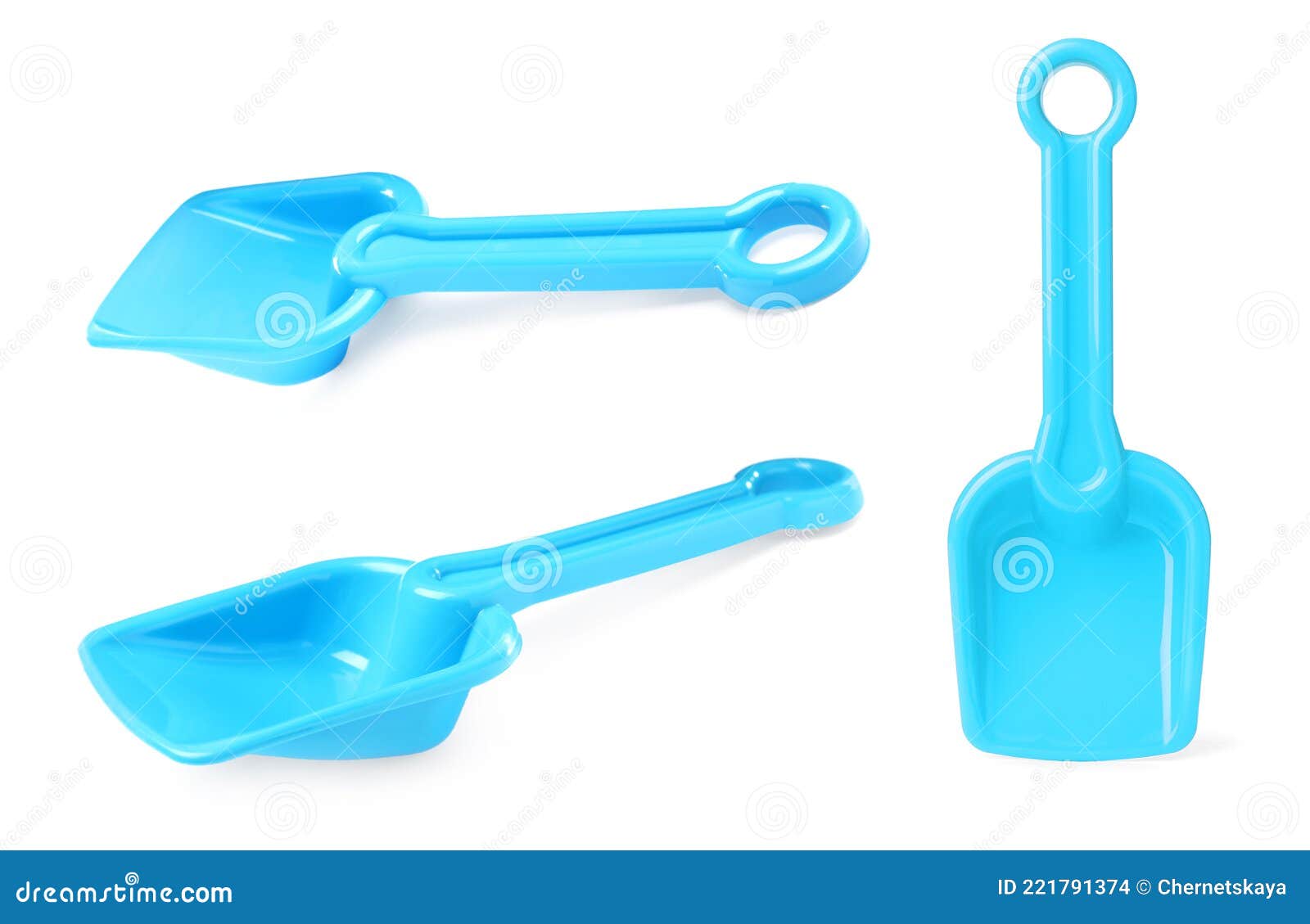 Blue Plastic Toy Shovels on White Background, Collage Stock Photo ...