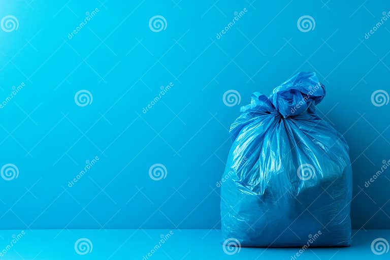 Blue Plastic Trash Bag on a Minimalist Blue Background. Copy Space for ...