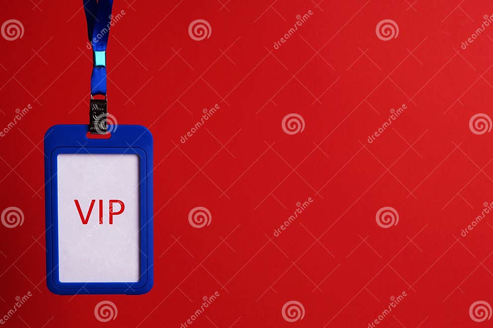 Blue Plastic Vip Badge Hanging on Red Background, Space for Text Stock ...